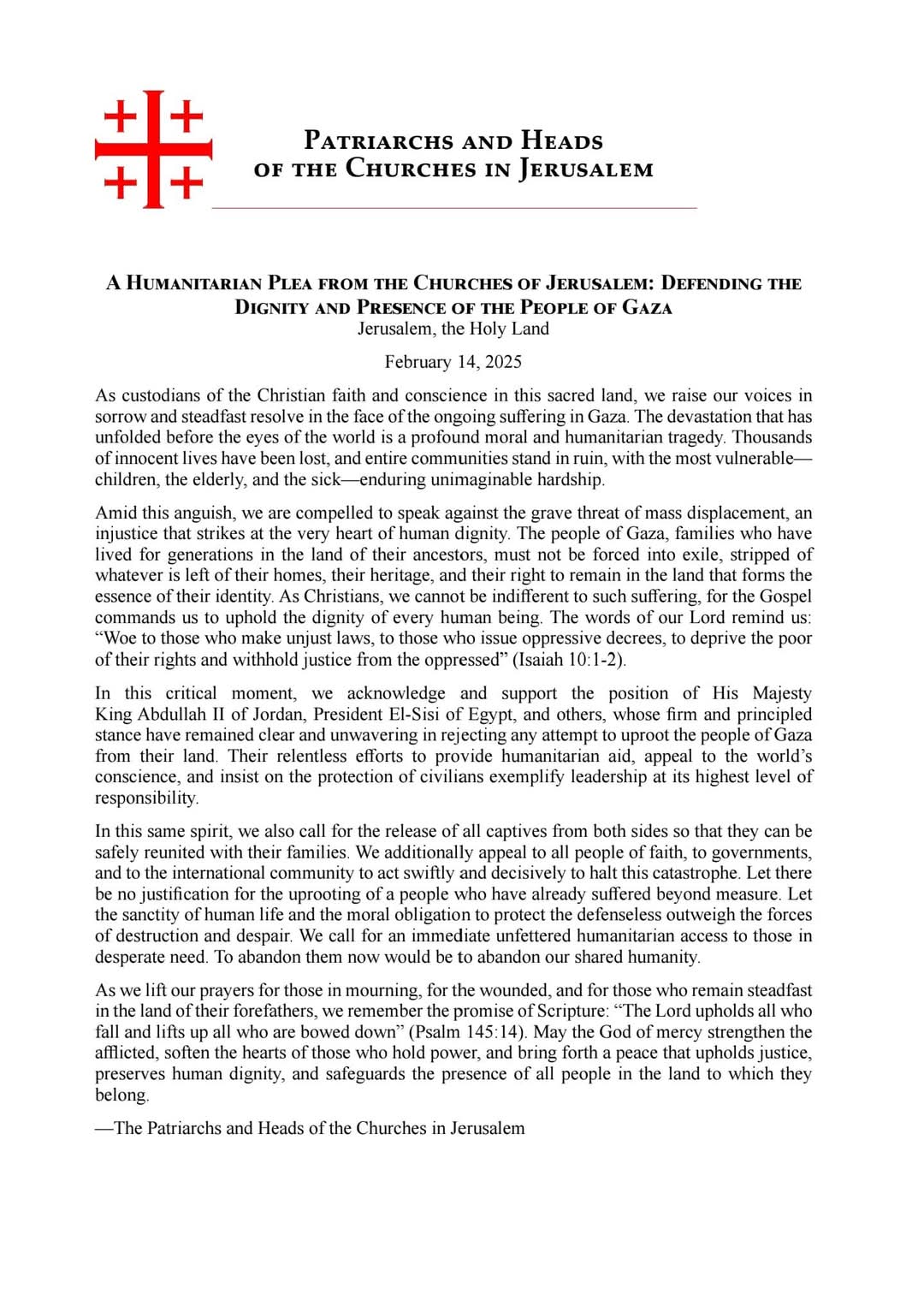 Patriarchs and Heads of Churches in Jerusalem issue humanitarian plea ...
